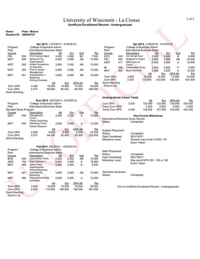 Unofficial Transcript (2015) | PDF | Undergraduate Education | College Education