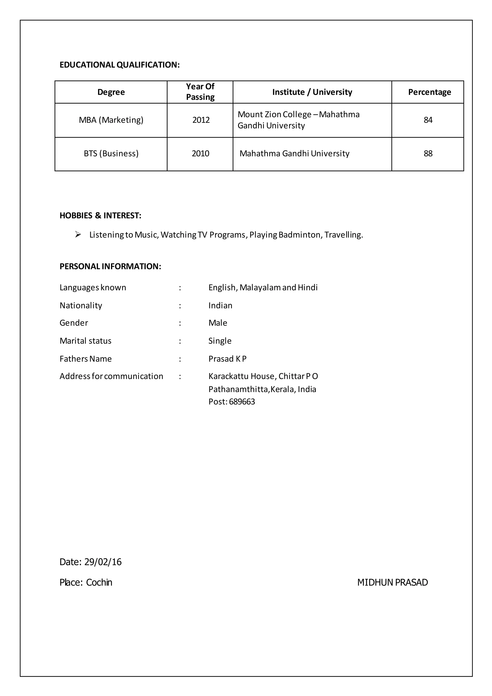 MIDHUN PRASAD RESUME | DOCX