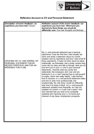 c.v and personal sdtatement reflective account | PDF