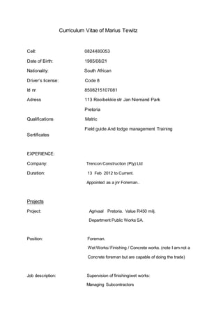 Curriculum Vitae of Marius Tewitz updated 2015 | DOCX