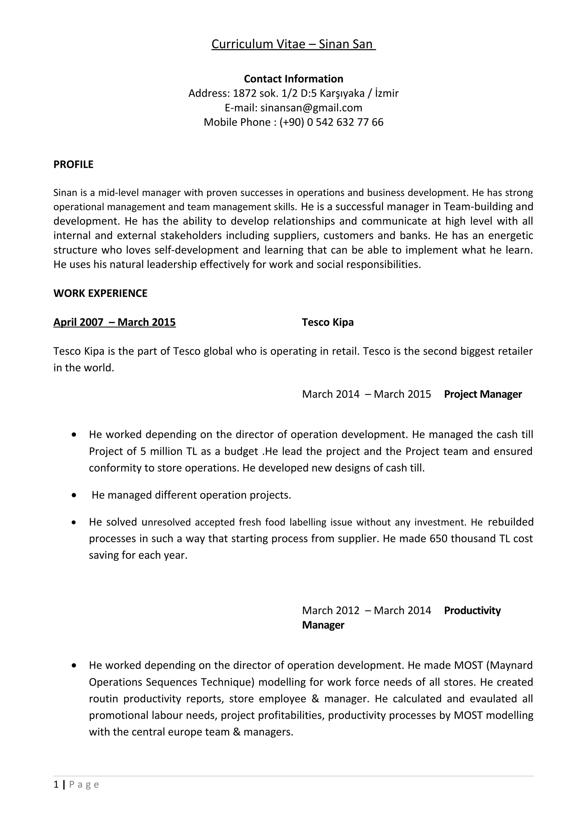 Cv Sinan San En | DOC