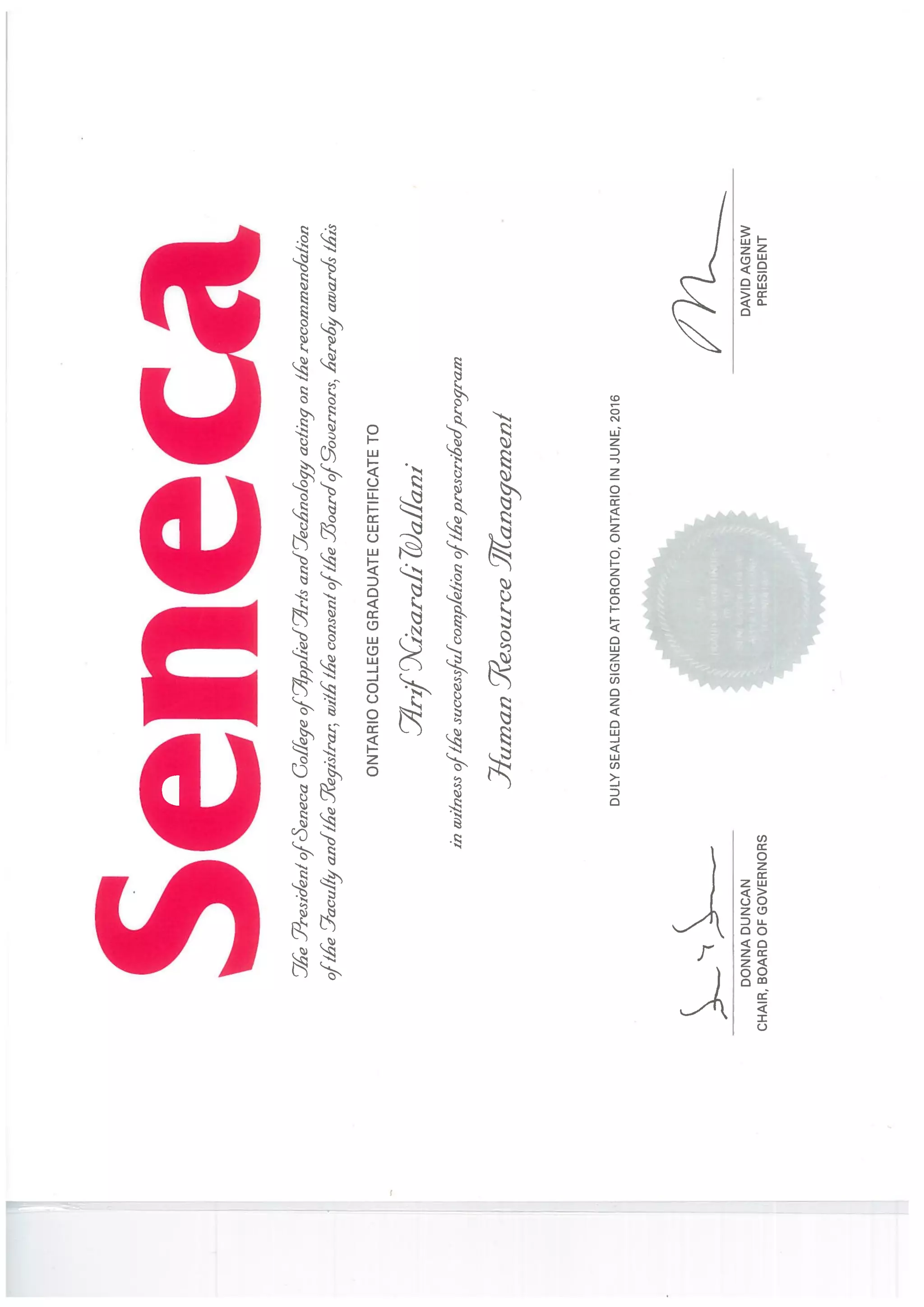 Human Resources Management Certificate - Seneca College- Arif Wallani | PDF