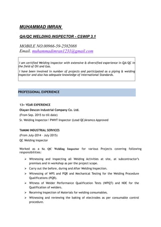 Muhammad Imran QAQC (Welding Inspector)CSWIP | PDF