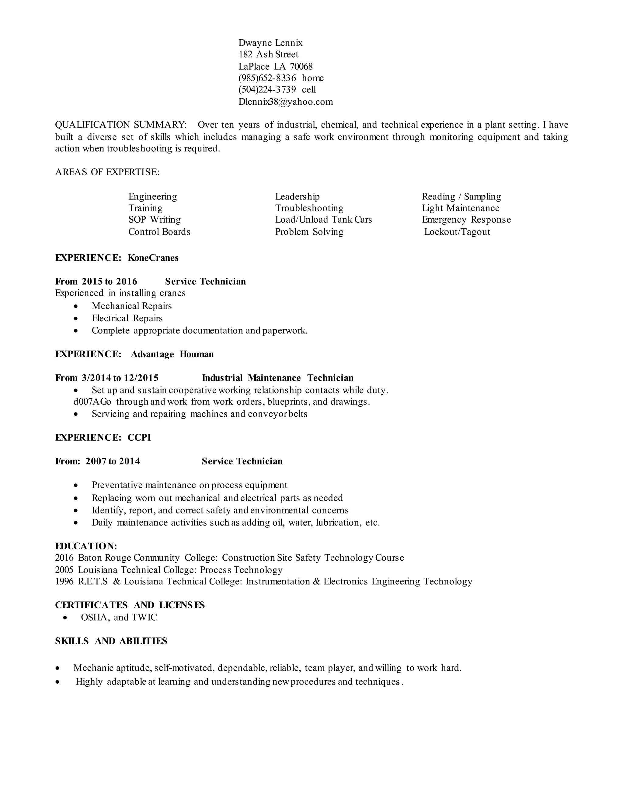 Dwayne Lennix Resume Document-1 | DOCX | Auto Repair | Automotive