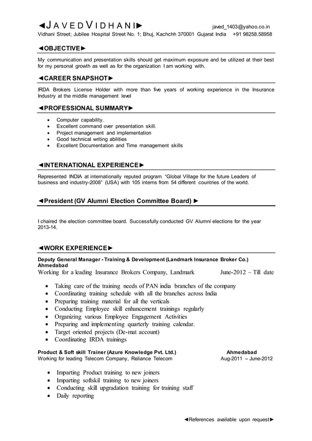 Vidhani, Javed Resume | DOCX | Vocational Training | Careers