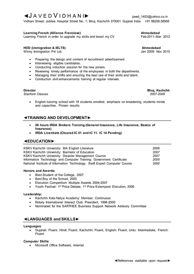 Vidhani, Javed Resume | DOCX | Vocational Training | Careers