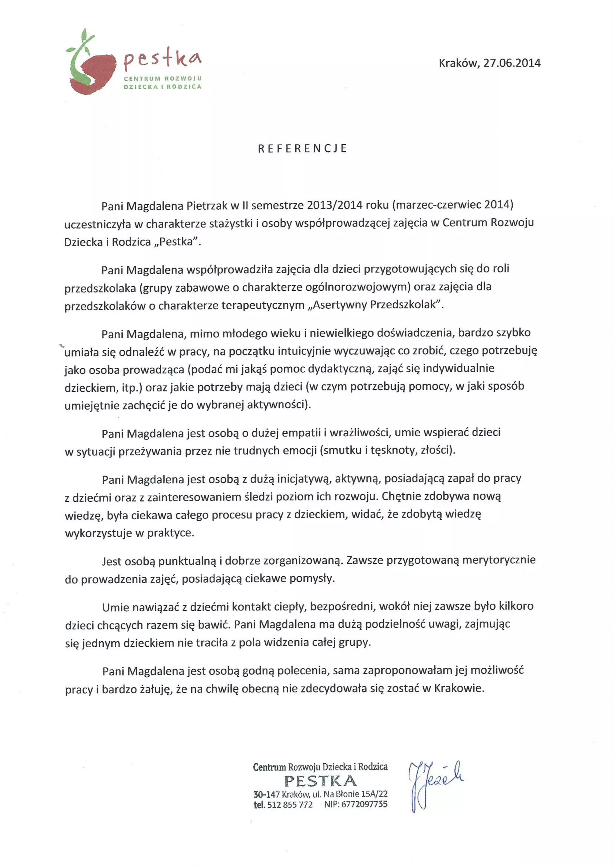 referencje Centrum Rozwoju Dziecka i Rodzica Pestka | PDF