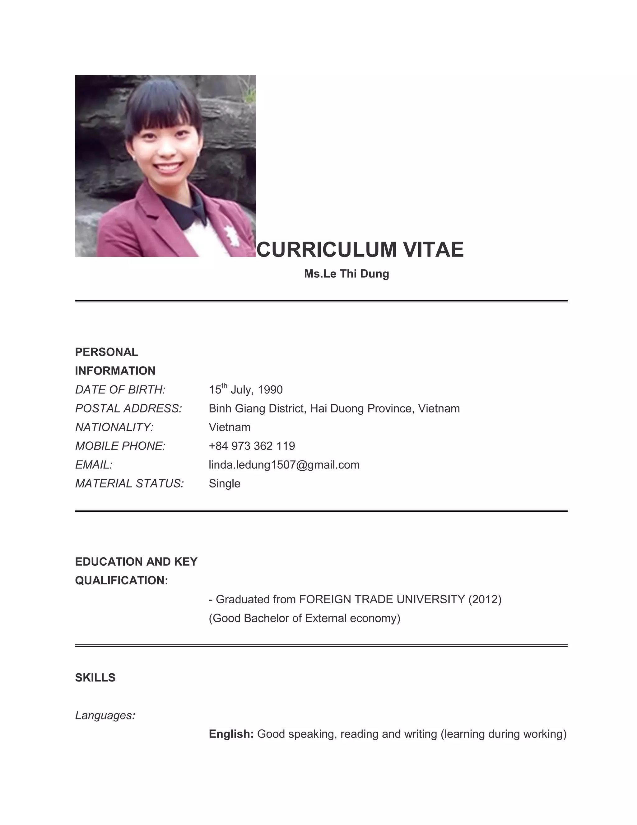 CV - Le Thi Dung (Linda Dung) | PDF | Sales | Business