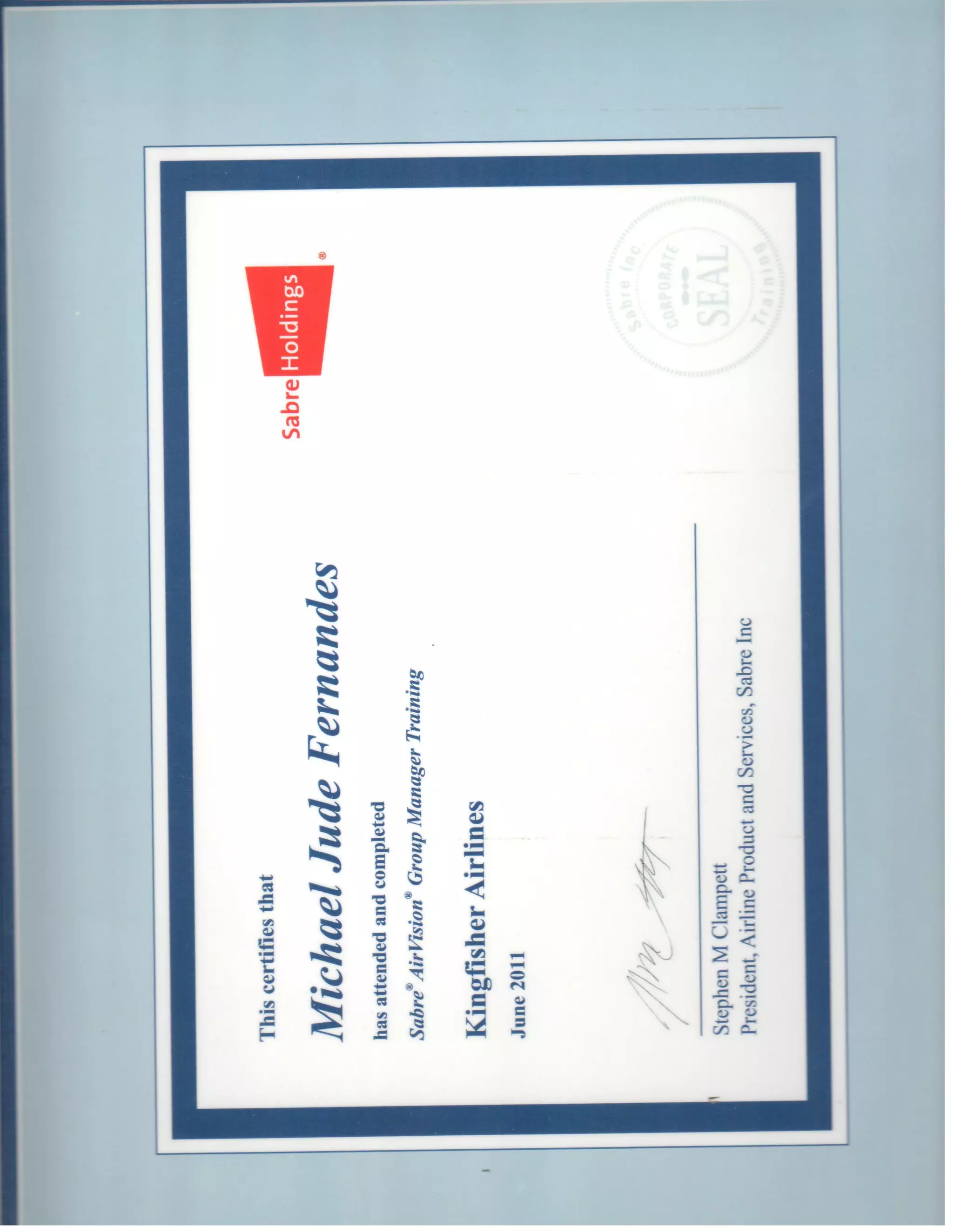 Kingfisher Airlines SABRE GMS Certificate | PDF