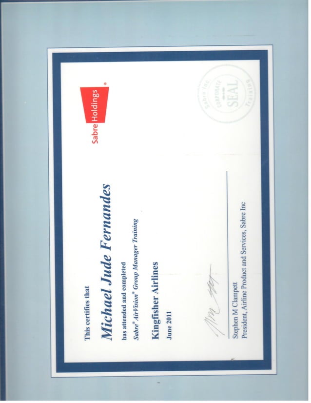 Kingfisher Airlines SABRE GMS Certificate | PDF