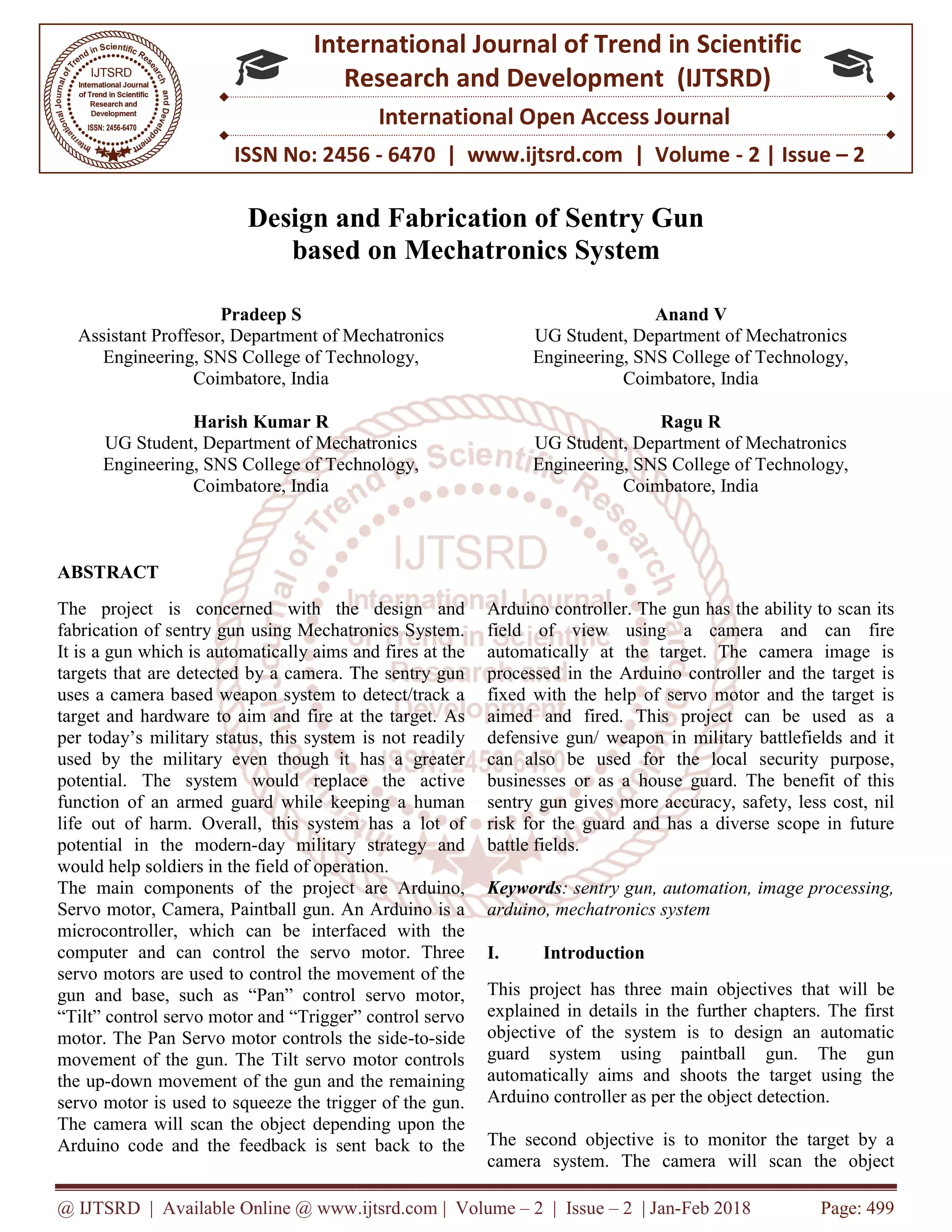 Design and Fabrication of Sentry Gun based on Mechatronics System | PDF