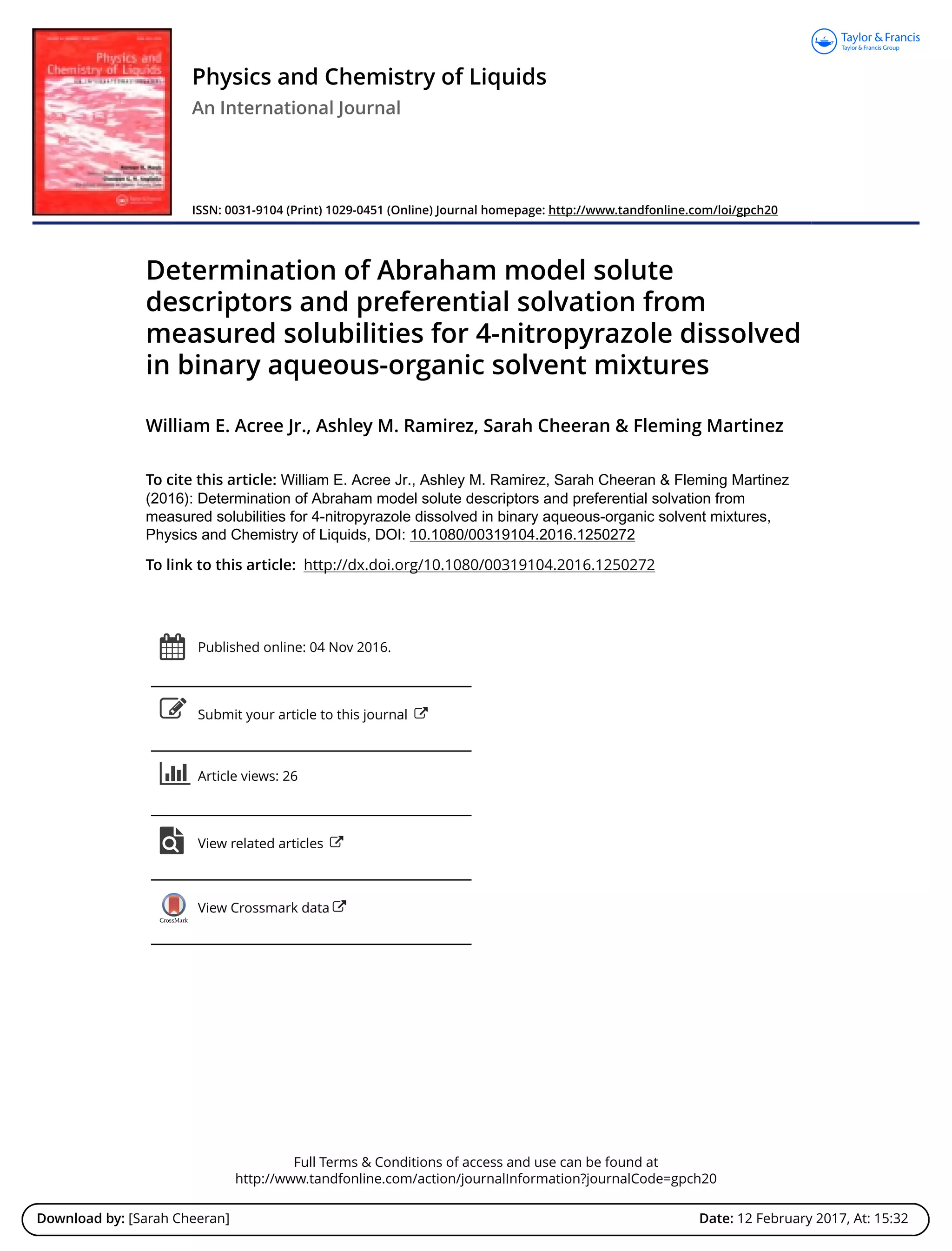 Determination of Abraham model solute descriptors and preferential solvation from measured ...