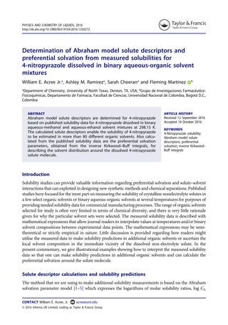 Determination of Abraham model solute descriptors and preferential solvation from measured ...