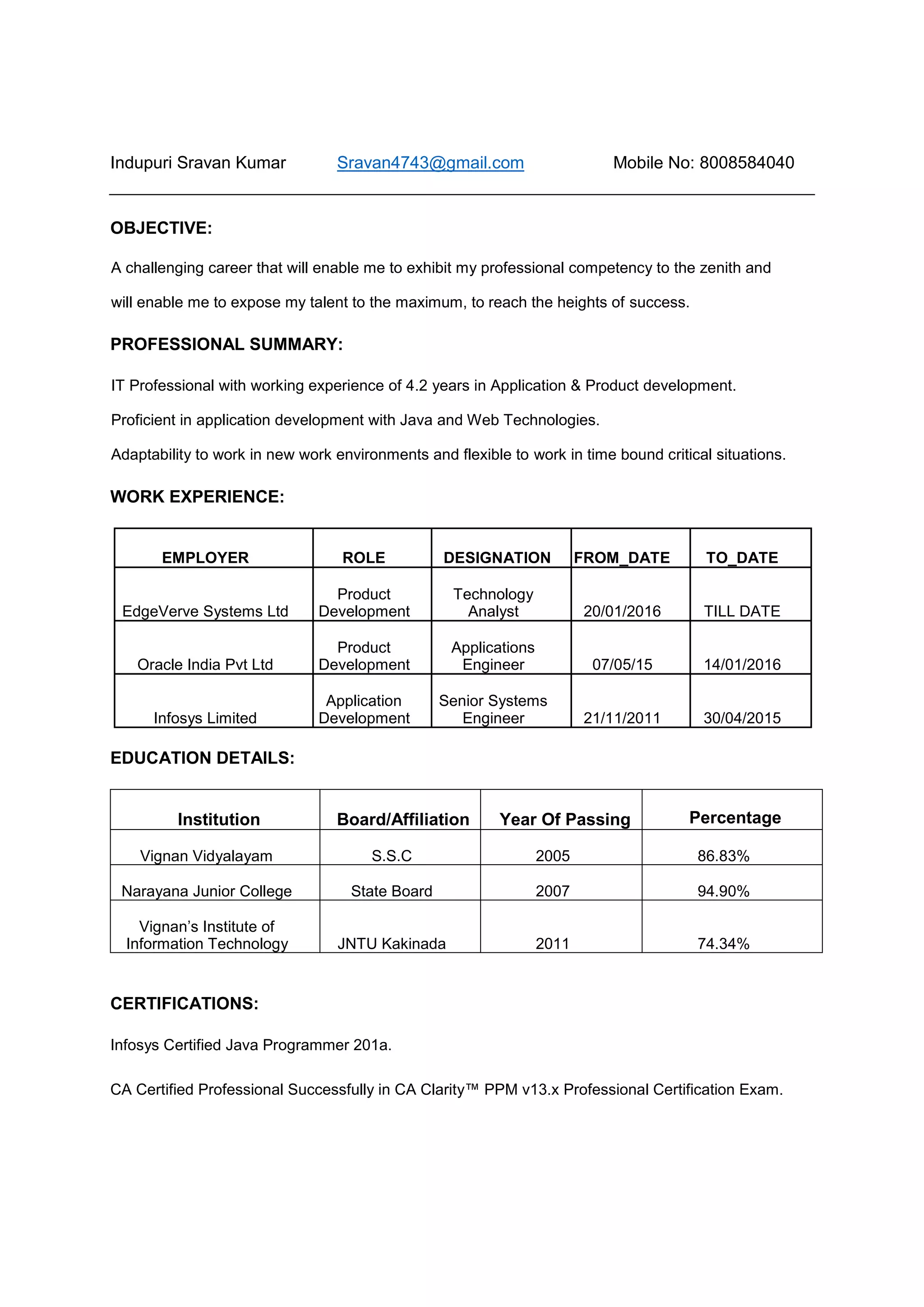 Sravan Kumar Resume Pdf