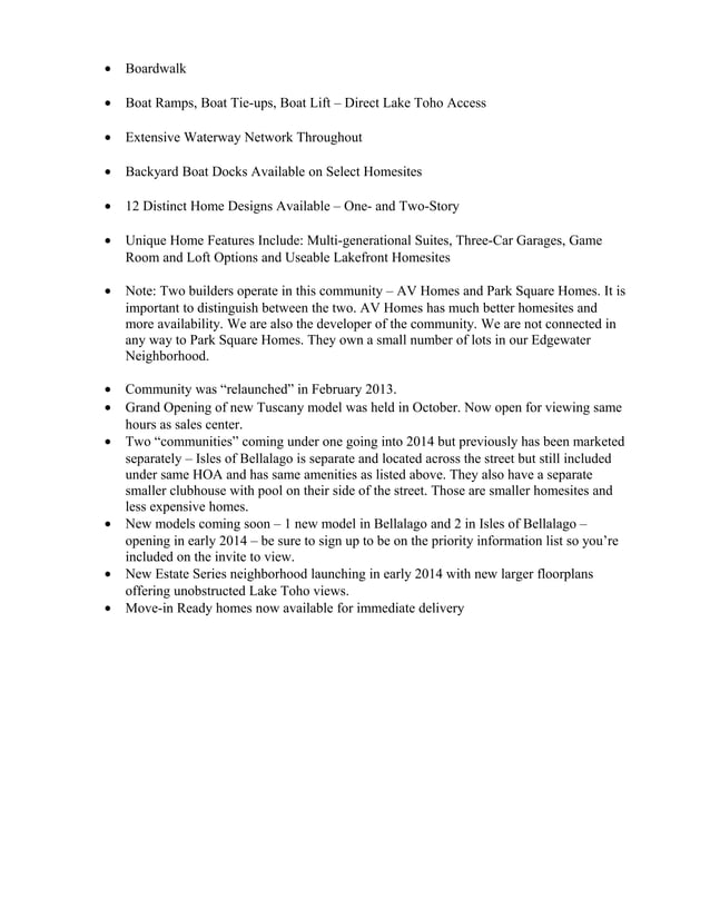 AV Homes Florida Region Community Fact Sheet | DOC