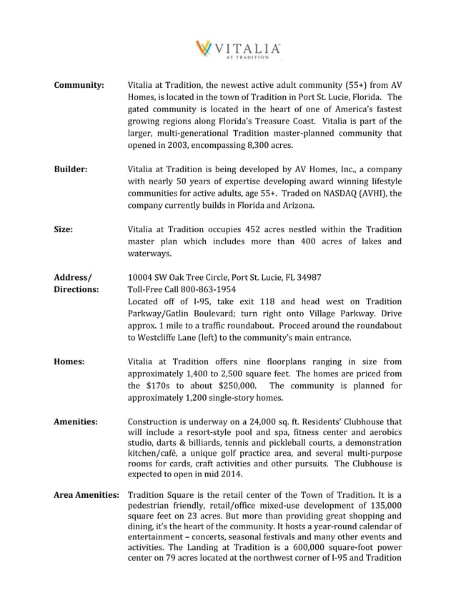 AV Homes Florida Region Community Fact Sheet | DOC