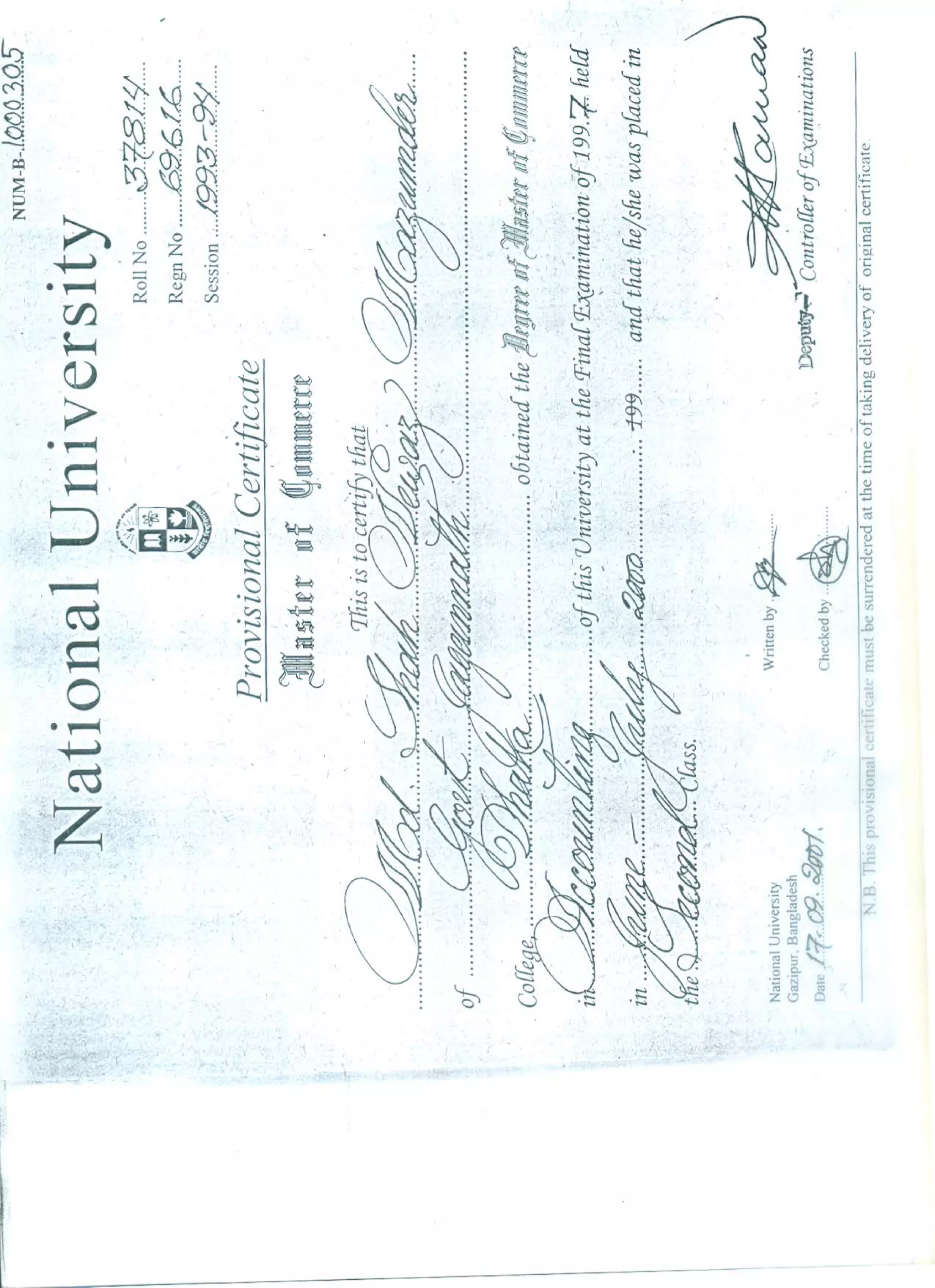 National University, Privisional Certificate,Maste of Commerce,1997 | PDF