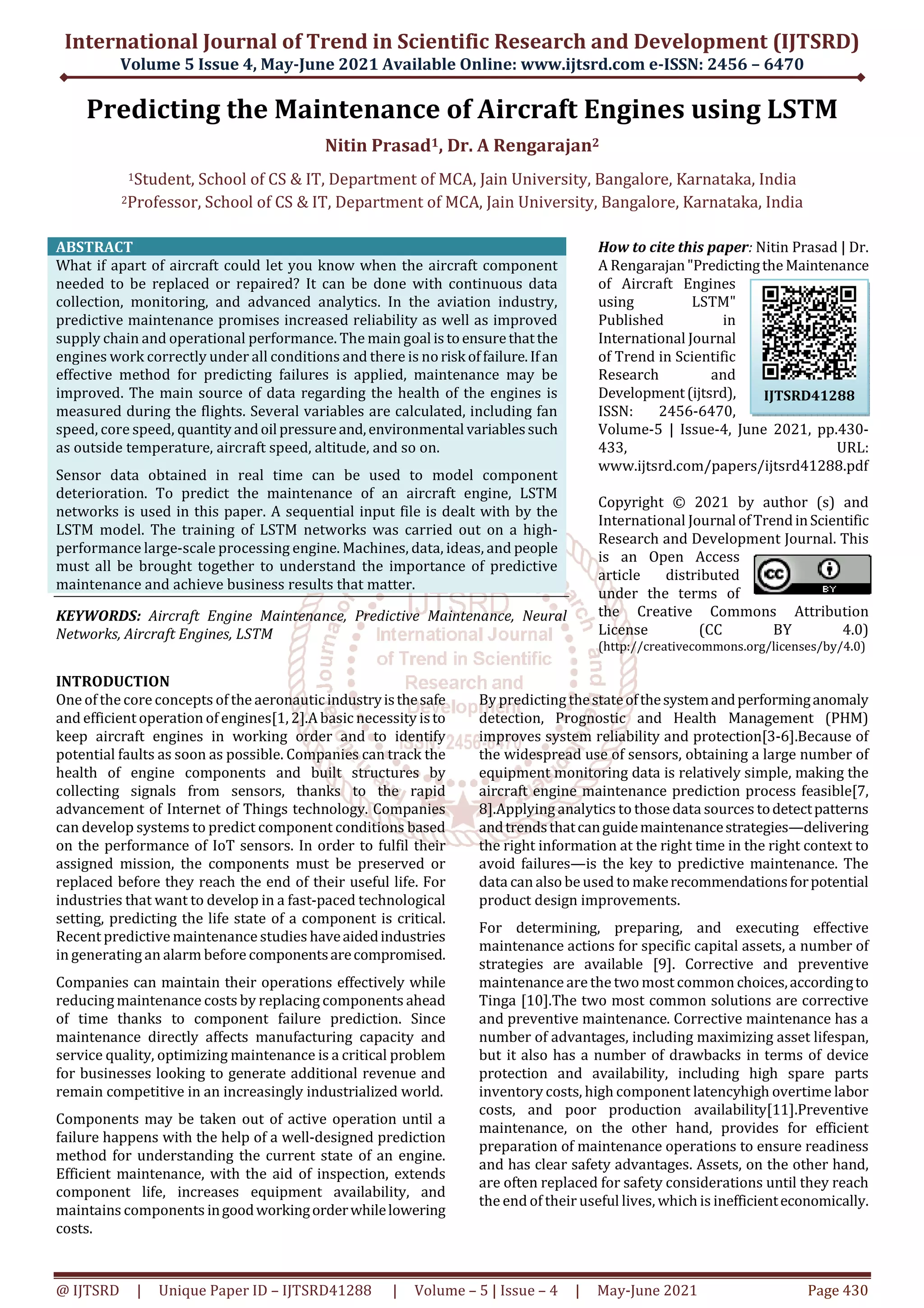 Predicting the Maintenance of Aircraft Engines using LSTM | PDF | Mechanical and Industrial ...