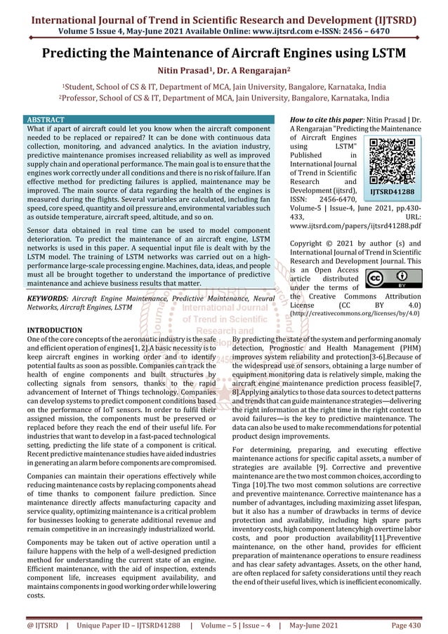 Predicting the Maintenance of Aircraft Engines using LSTM | PDF