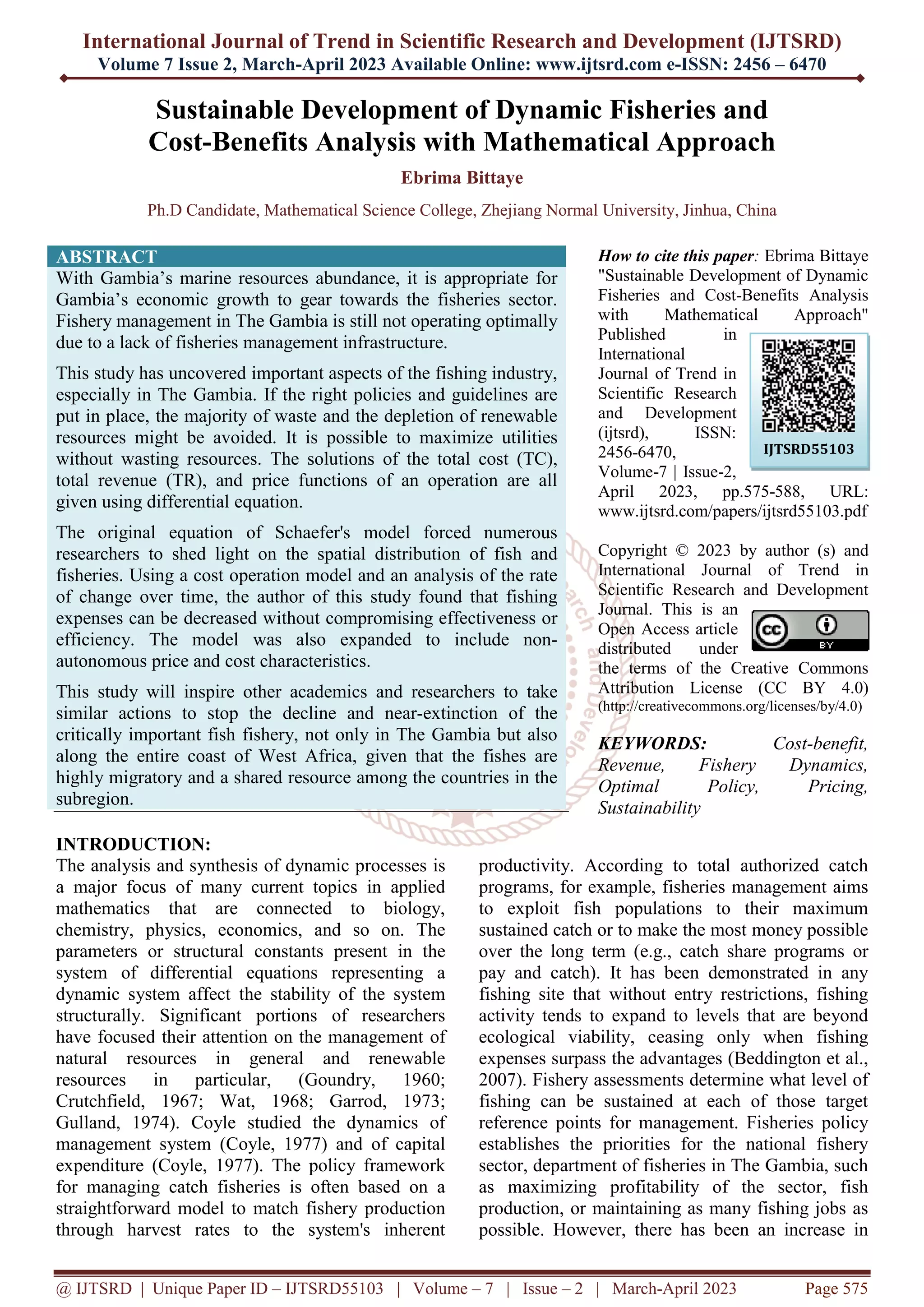 Sustainable Development of Dynamic Fisheries and Cost Benefits Analysis ...