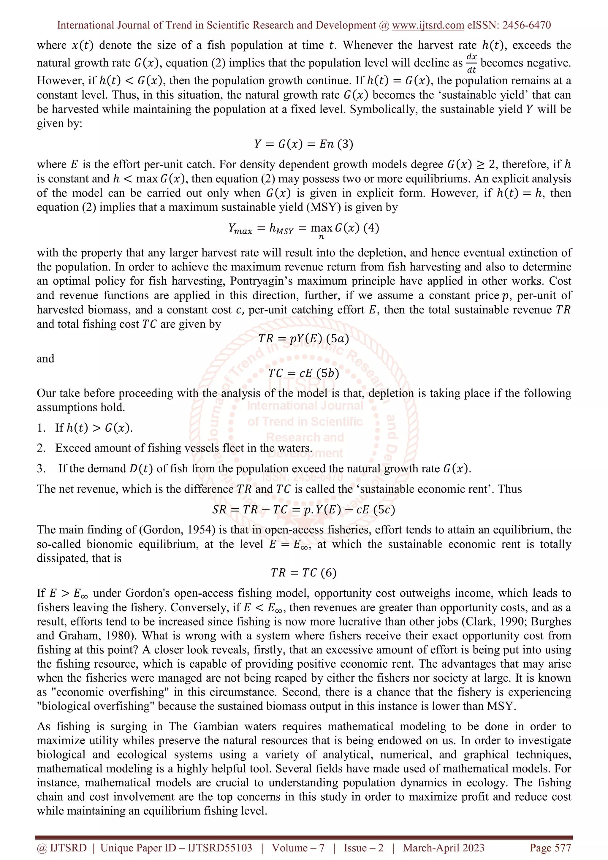 Sustainable Development of Dynamic Fisheries and Cost Benefits Analysis with Mathematical ...