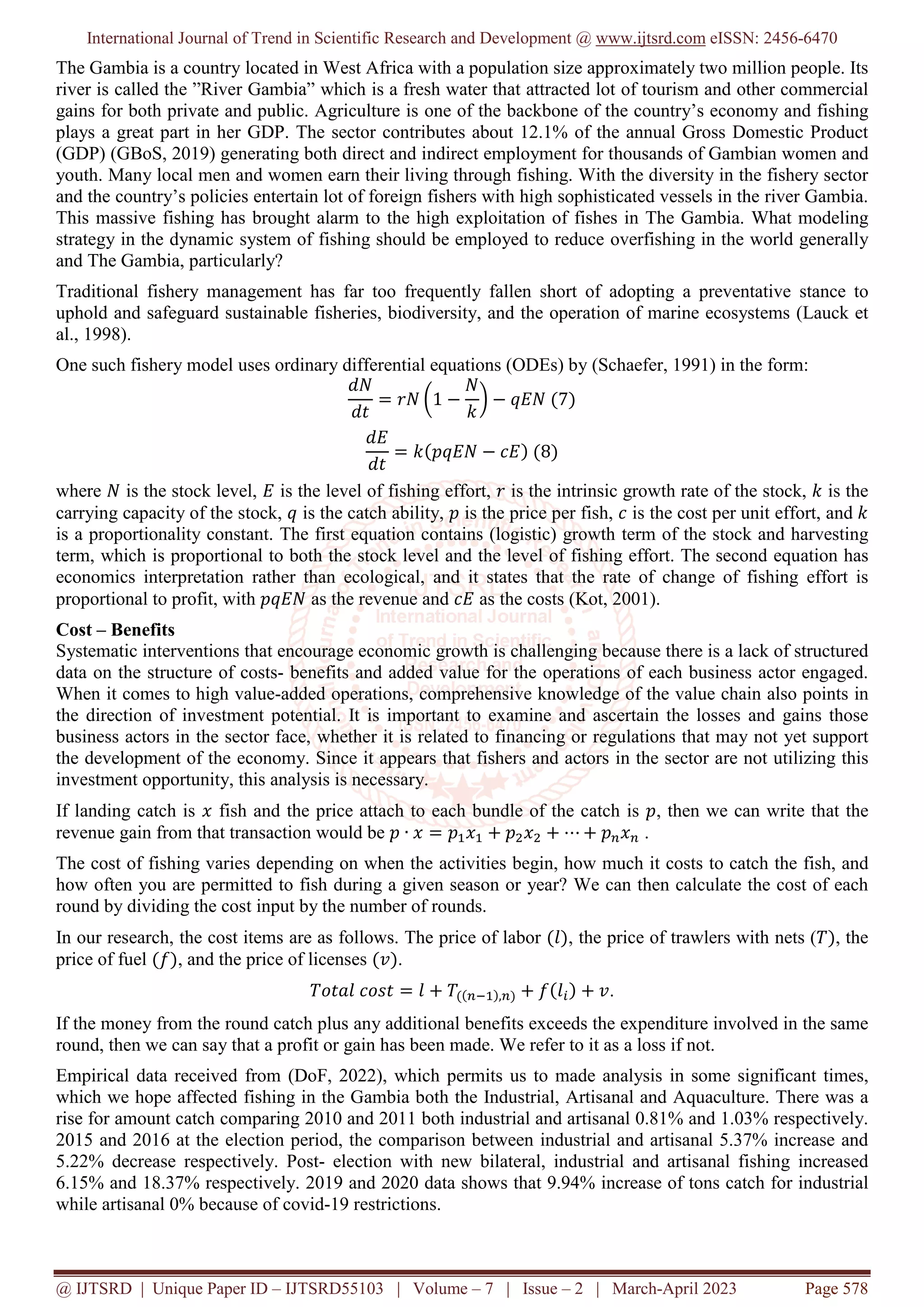 Sustainable Development of Dynamic Fisheries and Cost Benefits Analysis with Mathematical ...