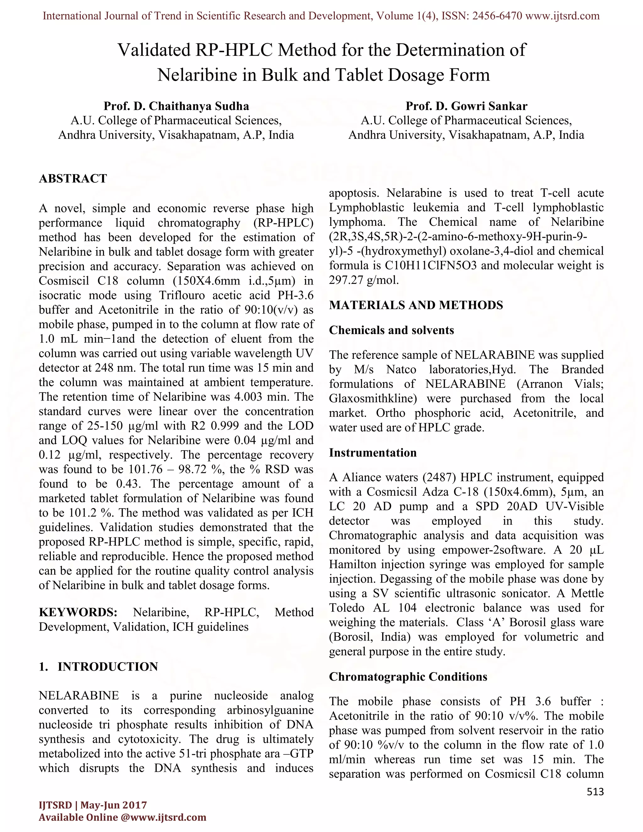 Validated RP-HPLC Method for the Determination of Nelaribine in Bulk and Tablet Dosage Form | PDF