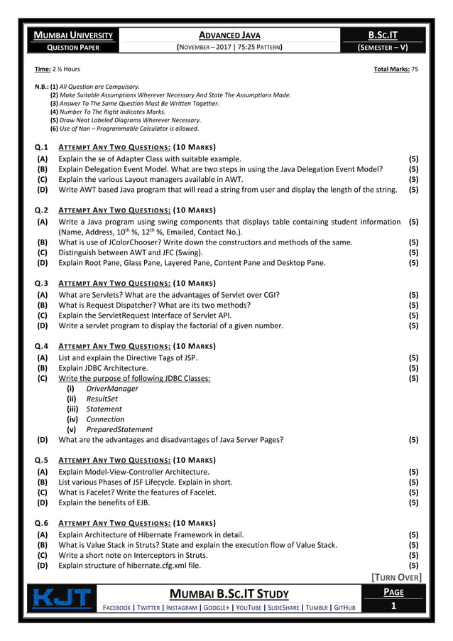 Advanced Java (November - 2017) [75:25 Pattern | Question Paper] | PDF