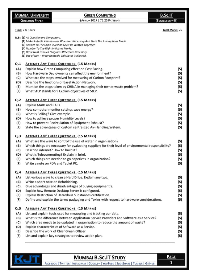Green Computing (Question Paper) [April – 2017 | 75:25 Pattern] | PDF