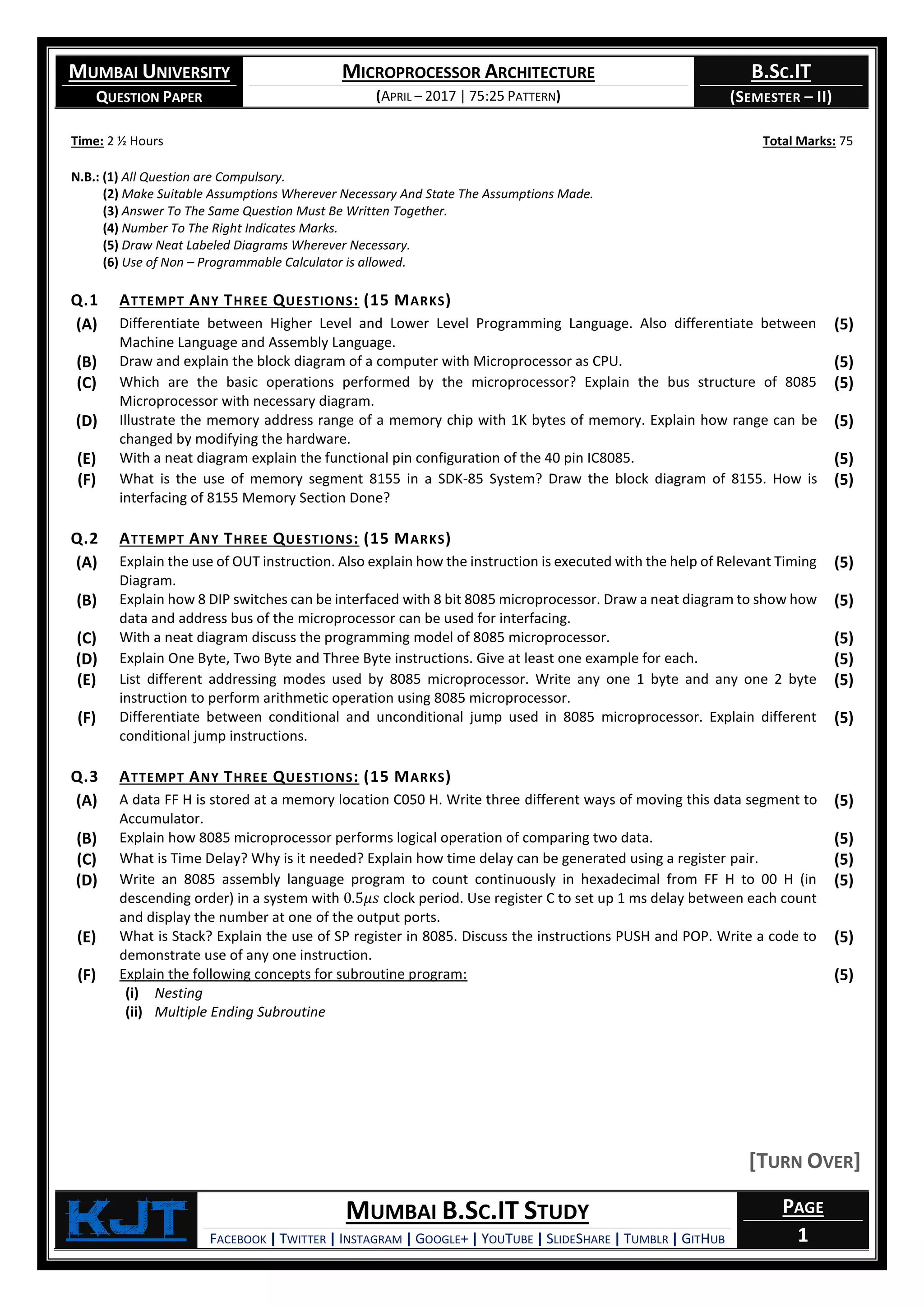 Microprocessor Architecture (Question Paper) [April – 2017 | 75:25 Pattern] | PDF