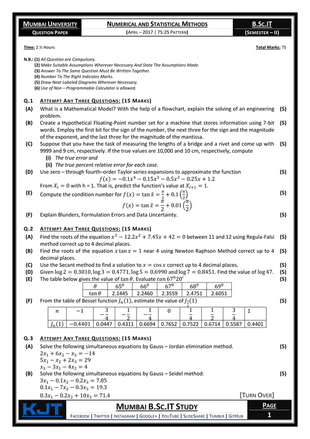 Numerical and Statistical Methods (Question Paper) [April – 2017 | 75: ...