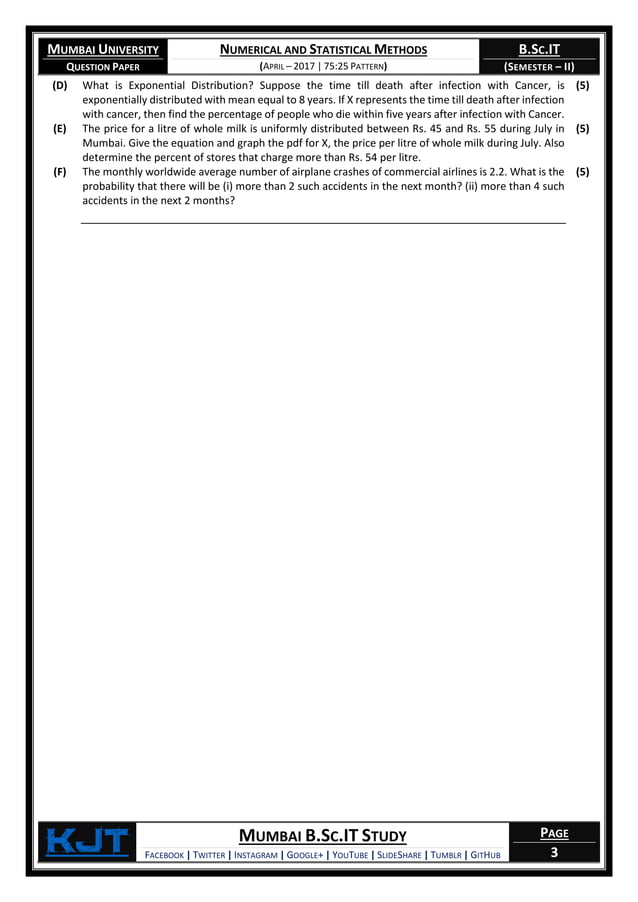 Numerical and Statistical Methods (Question Paper) [April – 2017 | 75: ...