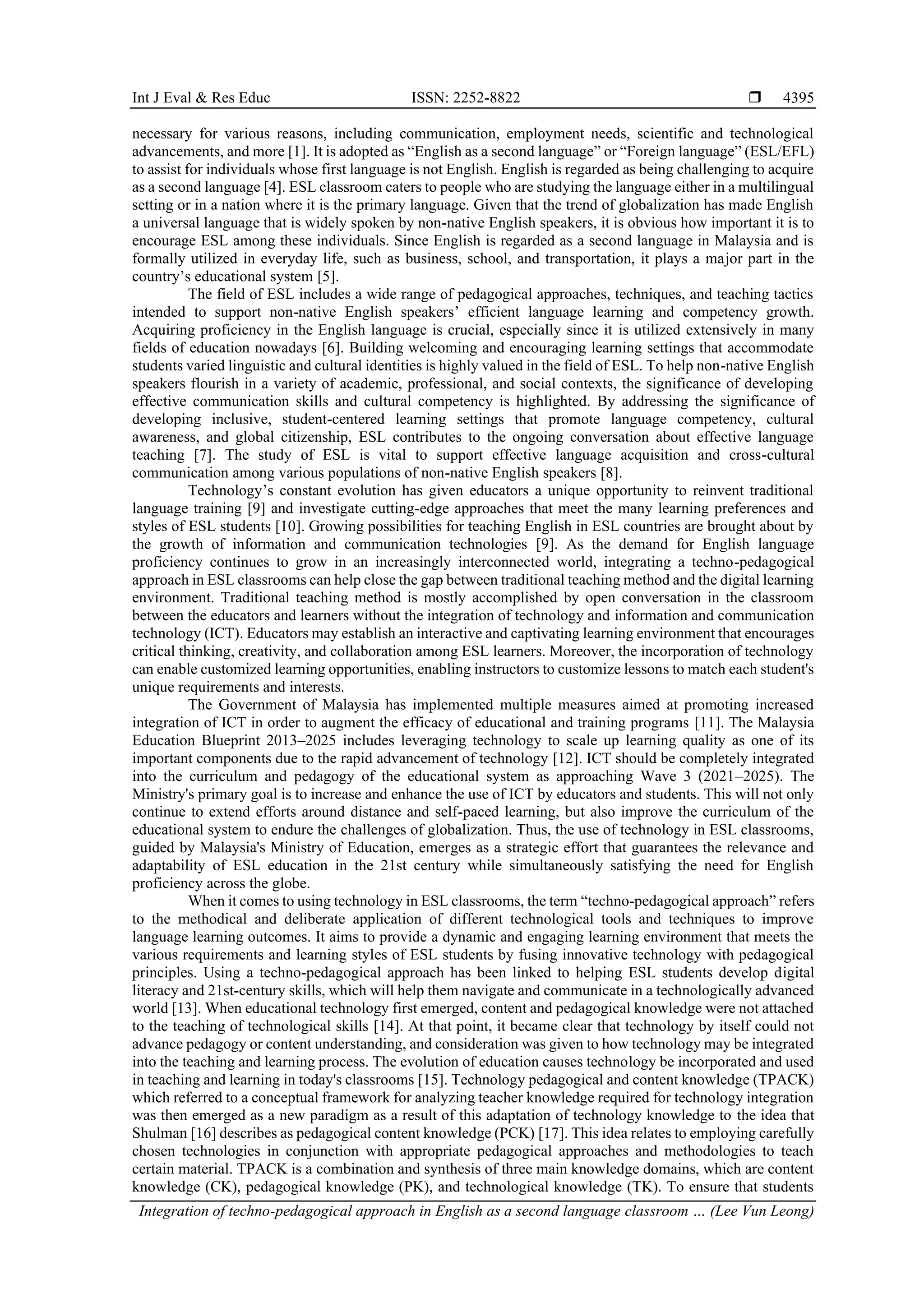 Integration of techno-pedagogical approach in English as a second ...