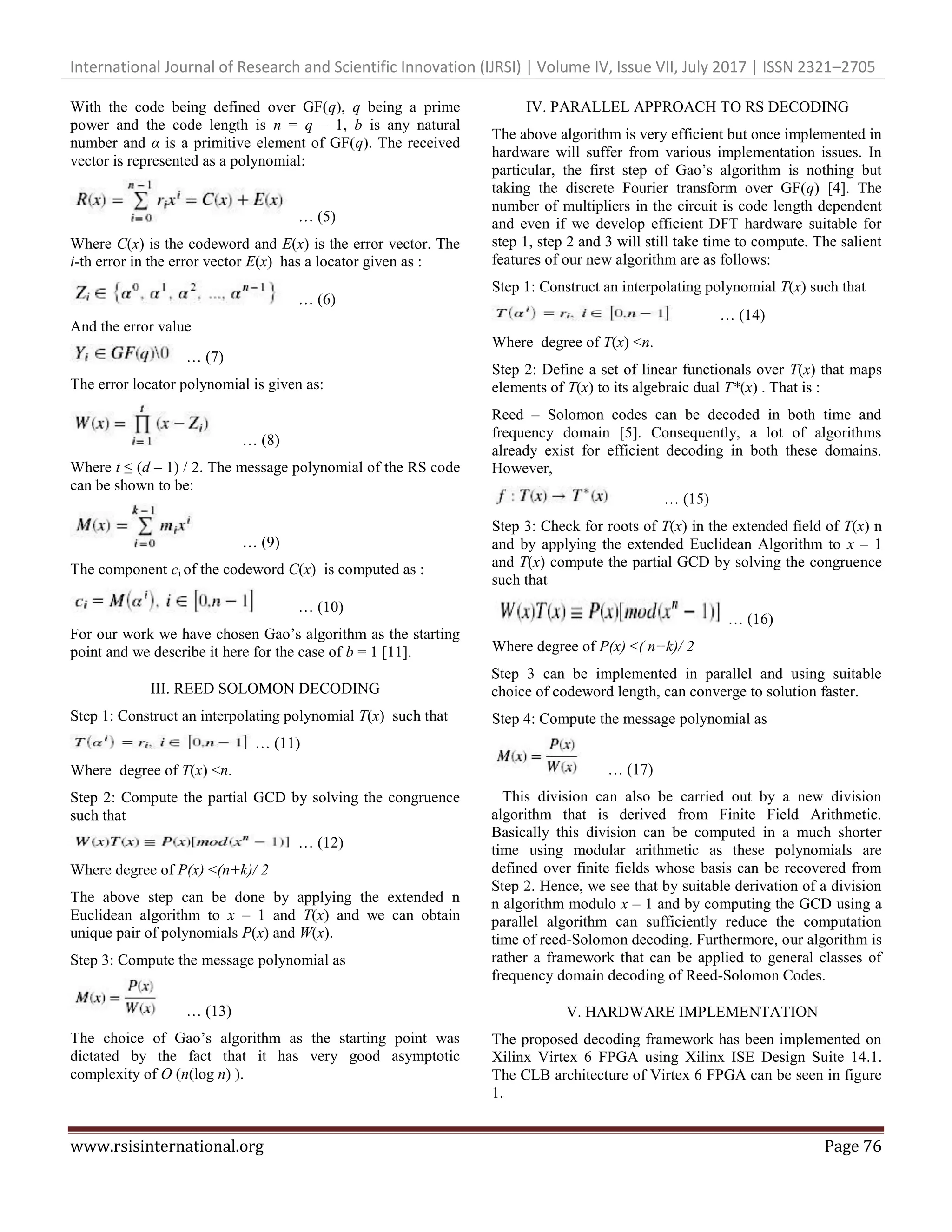 Hardware Implementations Of Rs Decoding Algorithm For Multi Gbs Communication Systems Pdf 