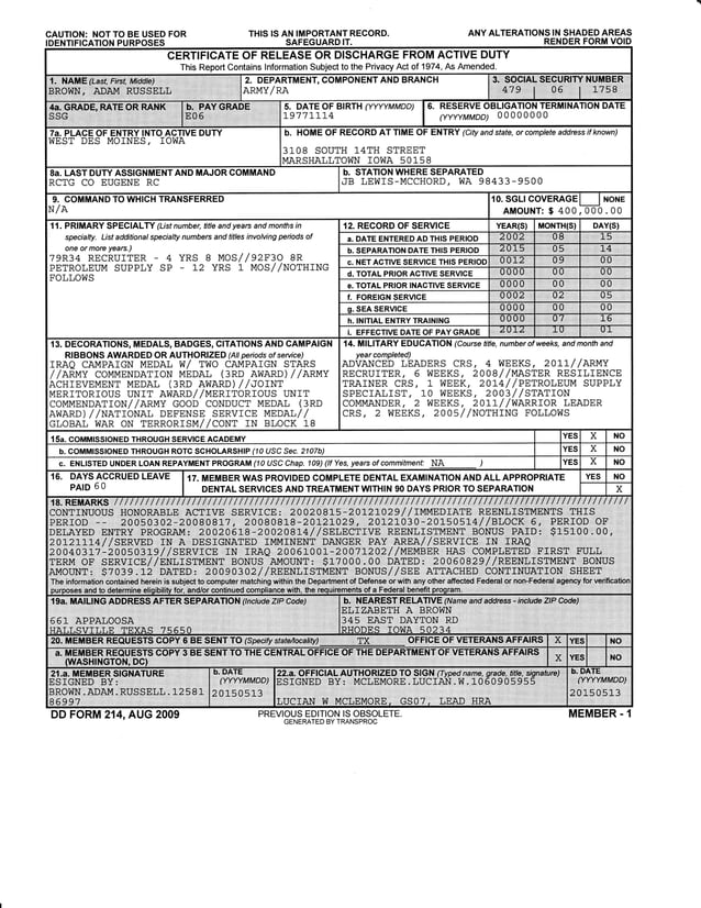 SSG Brown DD214 | PDF | Government Support and Welfare | Financial ...