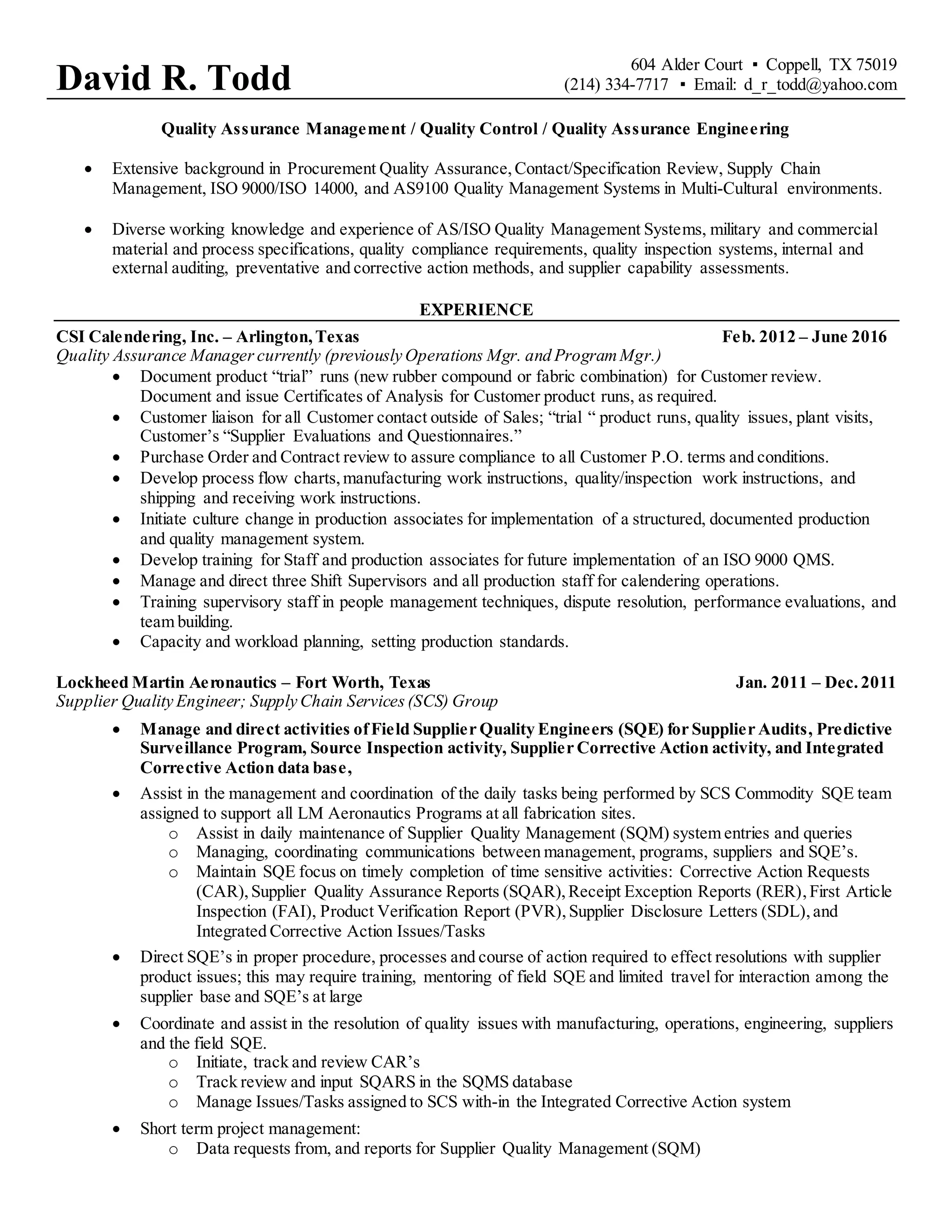 2016 David R. Todd resume | DOCX | Manufacturing Industry | Industries