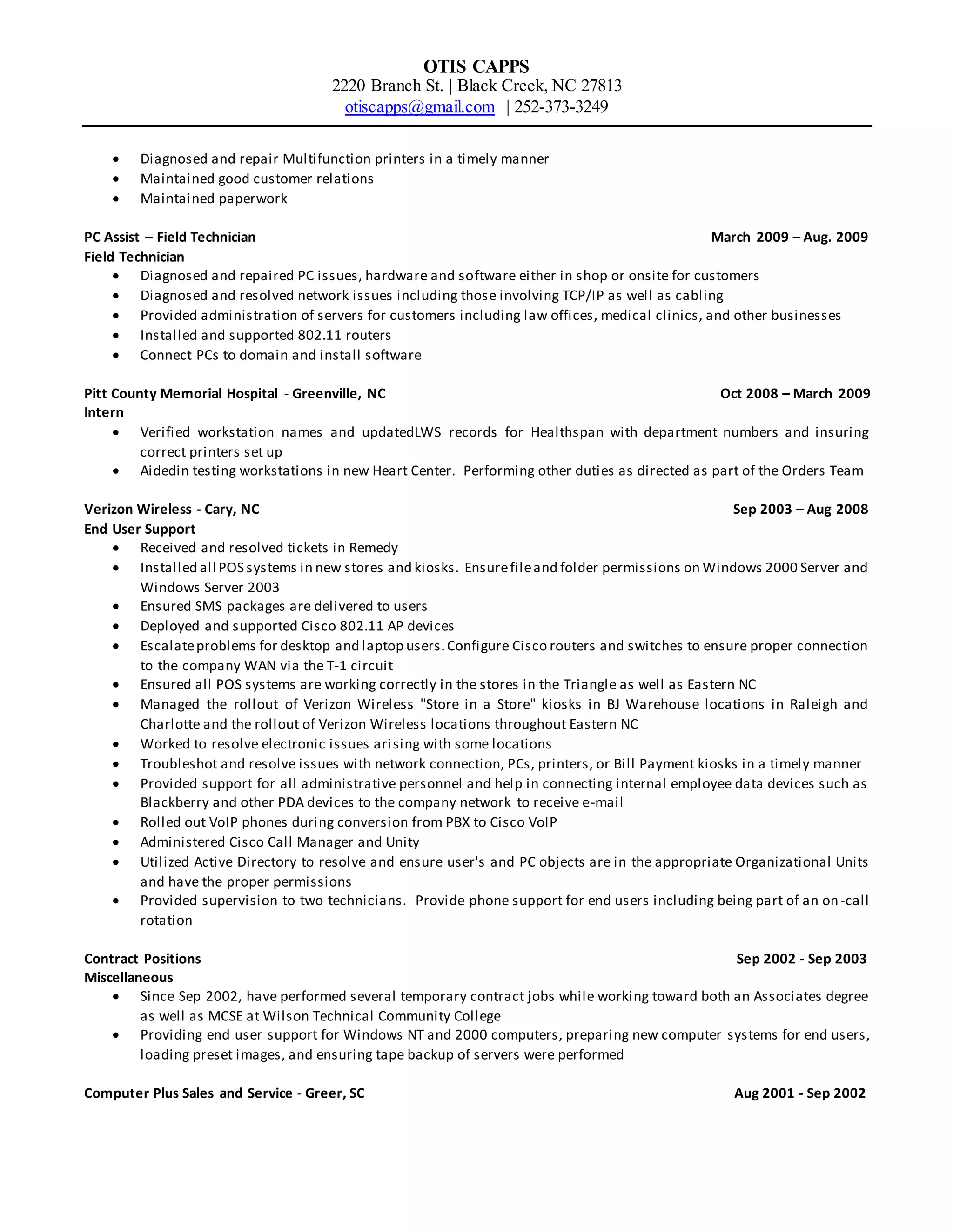 Otis Capps - Resume | PDF