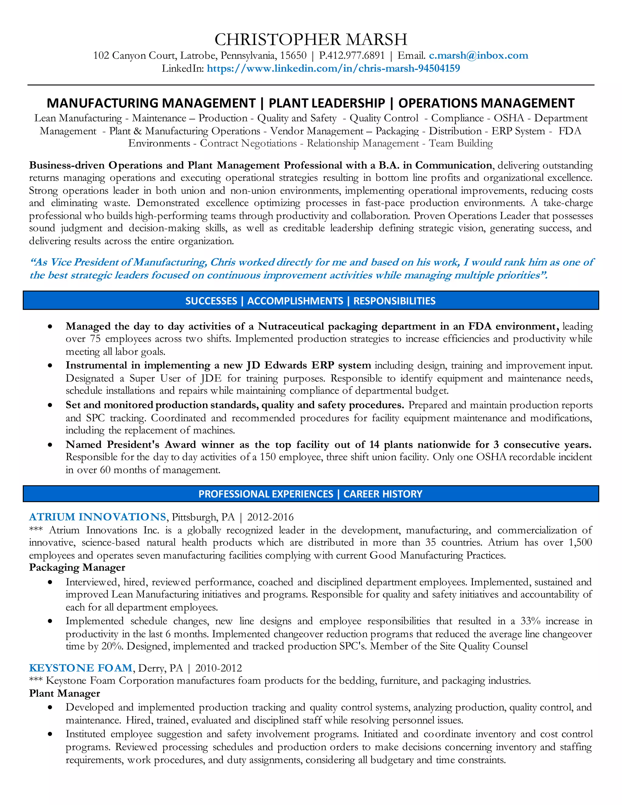 Chris Marsh operations resume | DOCX