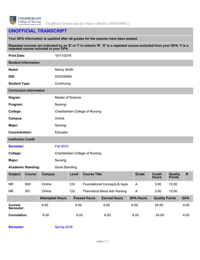 UnOfficial_Transcript MSN through summer of 2016 | PDF