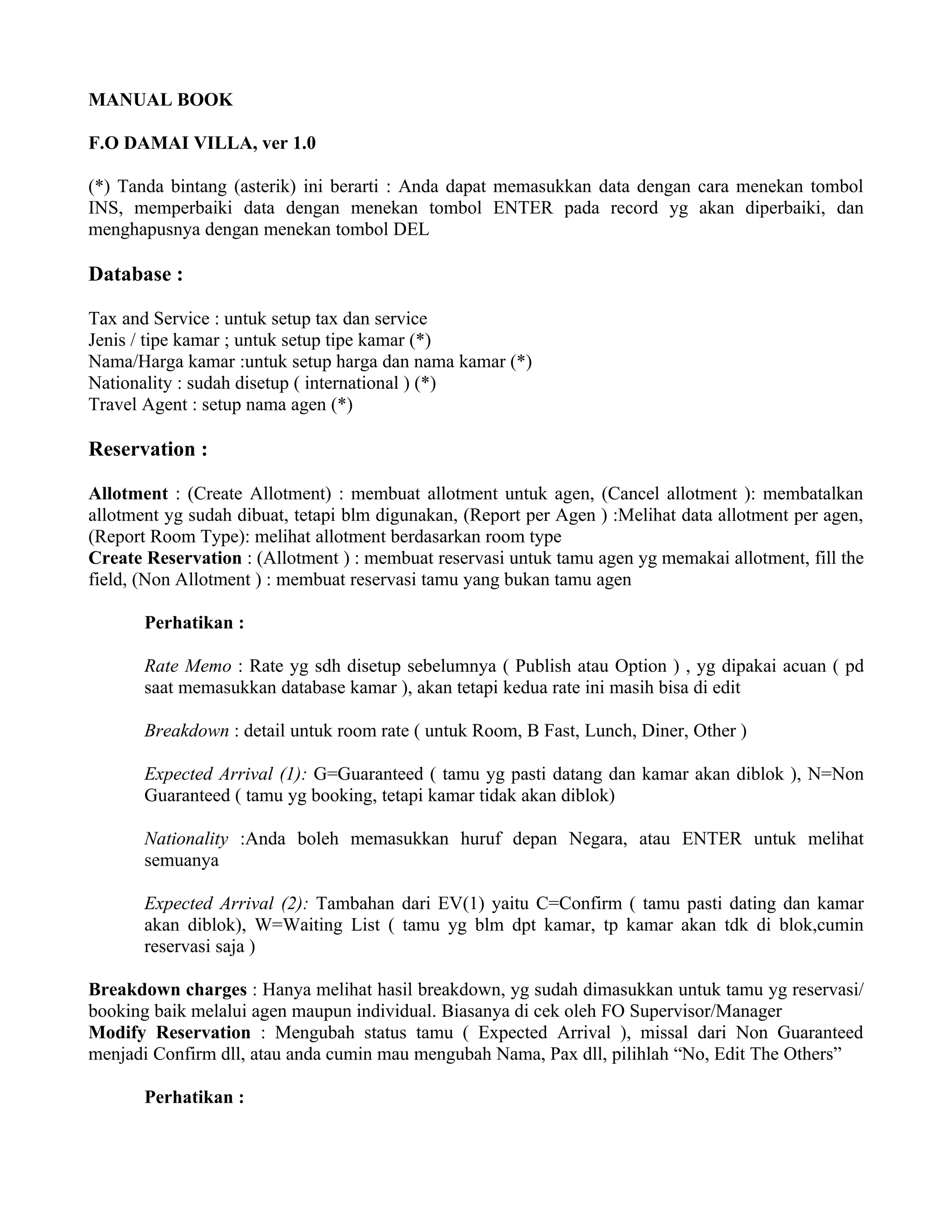 MANUAL BOOK damai villa | PDF