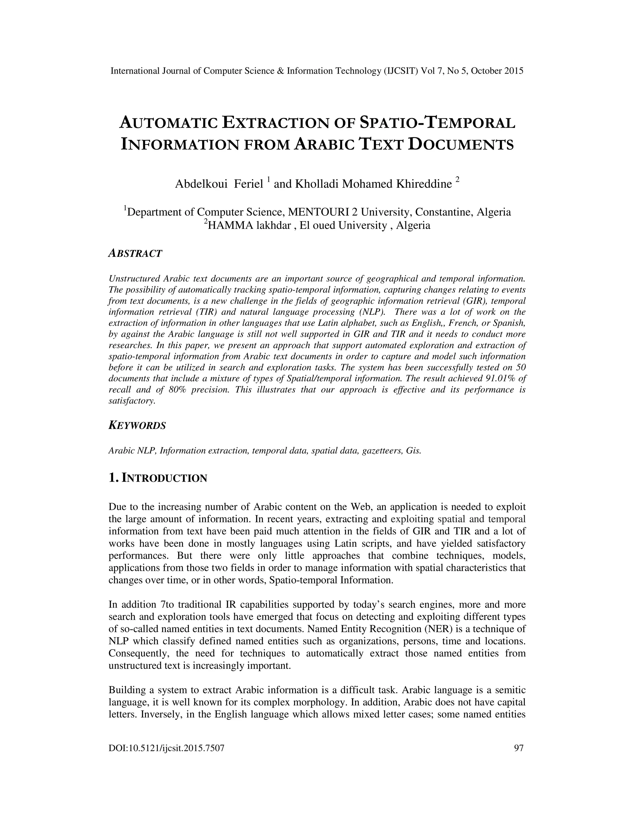 Automatic Extraction Of Spatio Temporal Information From Arabic Text Documents Pdf