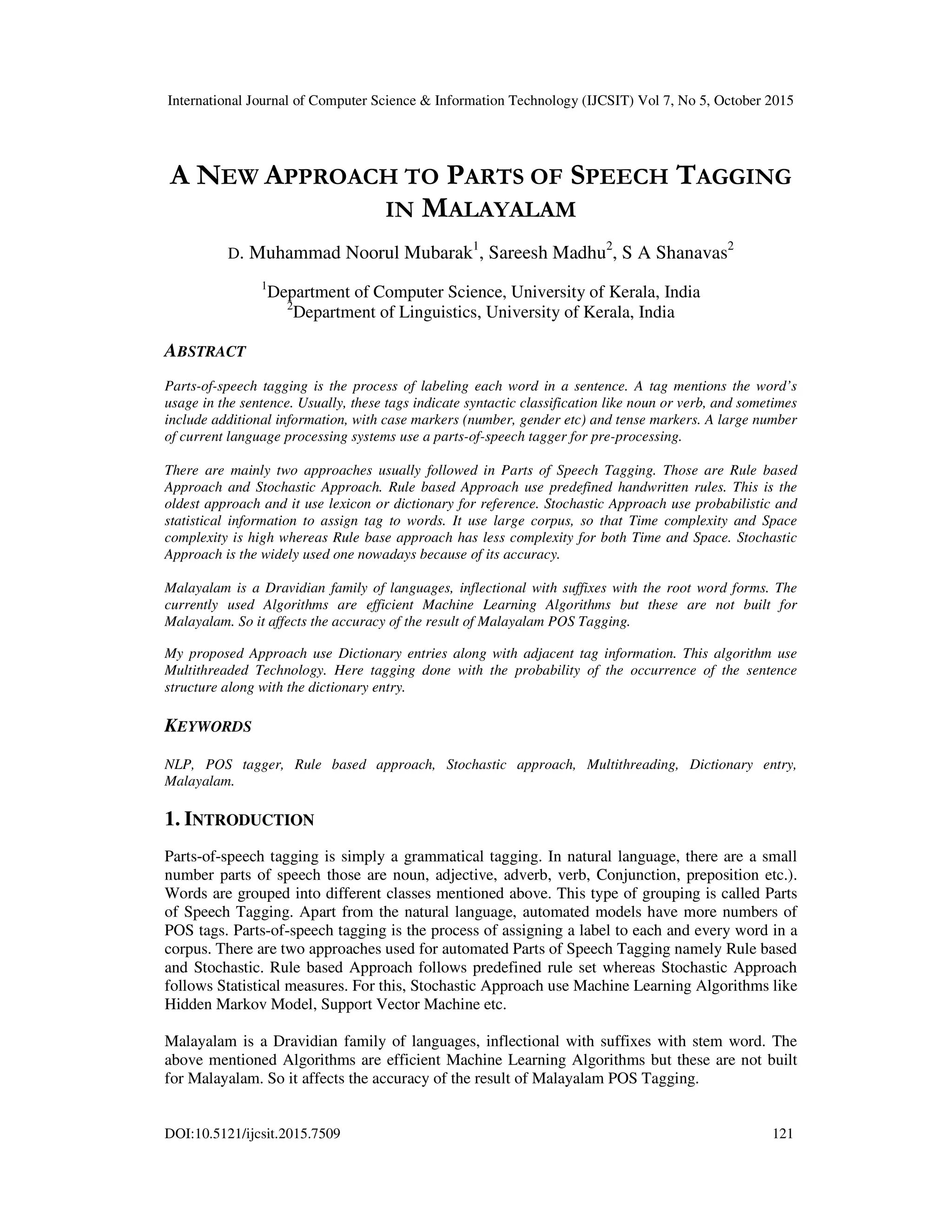 A New Approach to Parts of Speech Tagging in Malayalam | PDF