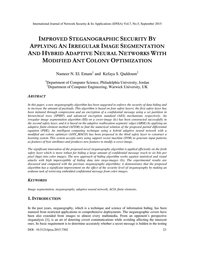 IMPROVED STEGANOGRAPHIC SECURITY BY APPLYING AN IRREGULAR IMAGE SEGMENTATION AND HYBRID ADAPTIVE ...