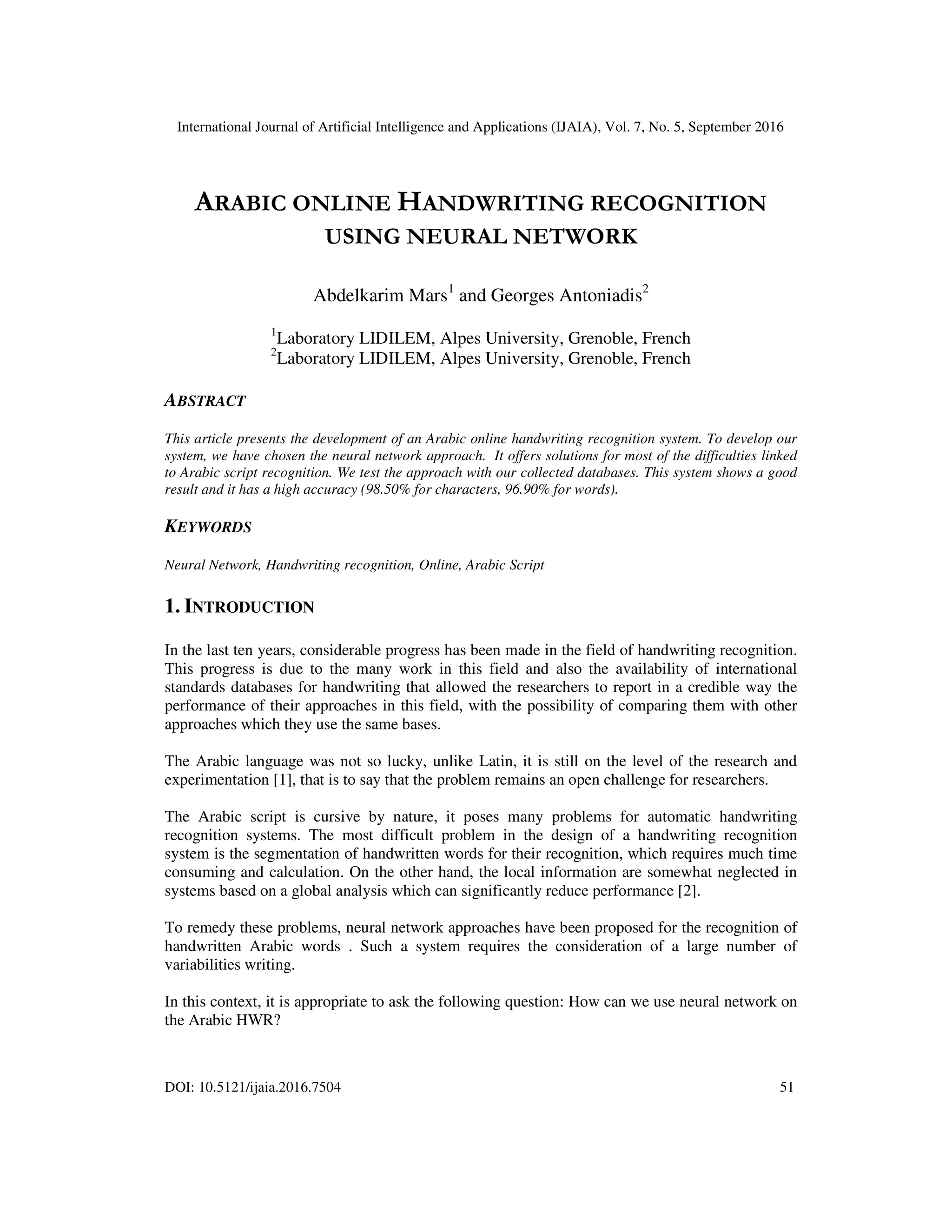 Arabic Online Handwriting Recognition Using Neural Network Pdf
