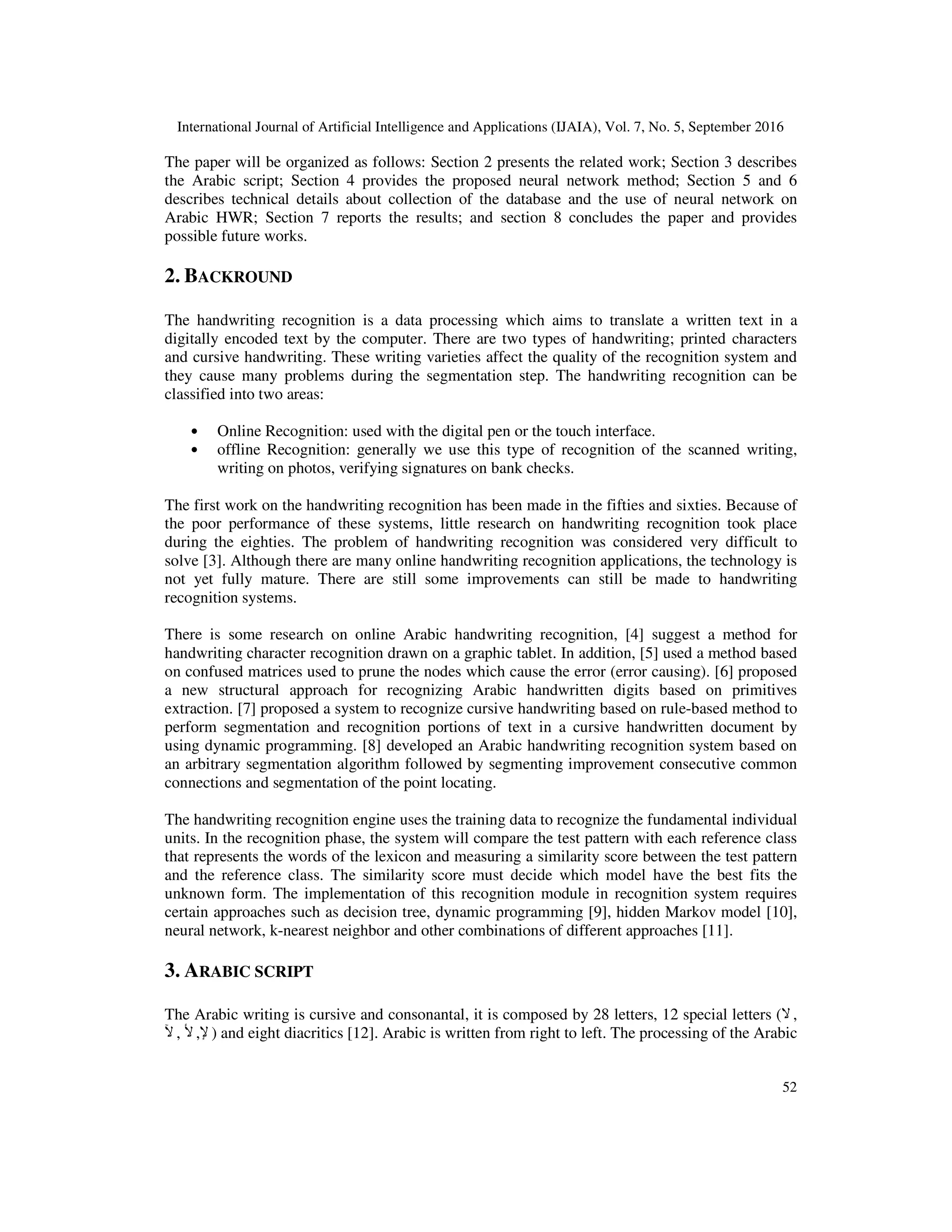ARABIC ONLINE HANDWRITING RECOGNITION USING NEURAL NETWORK | PDF