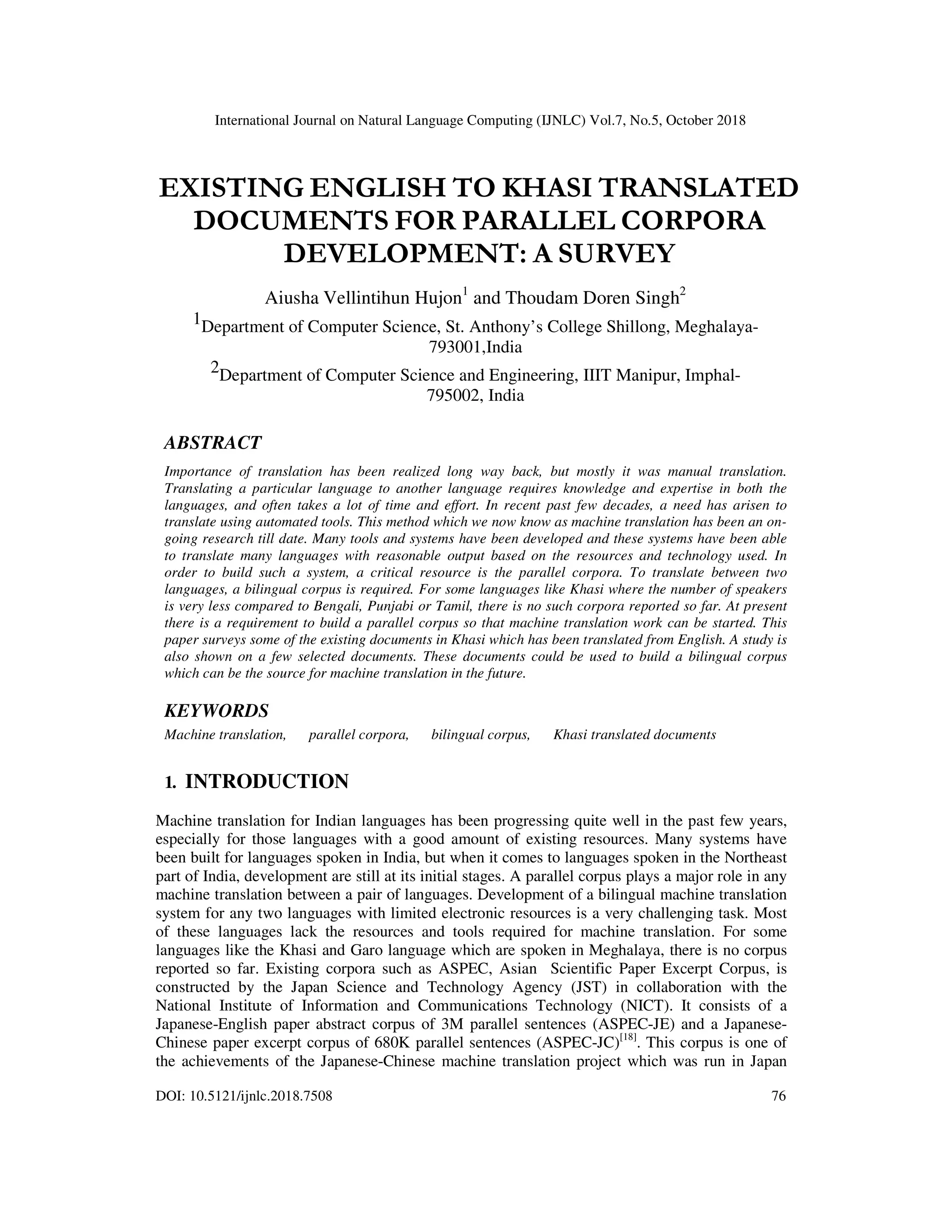 EXISTING ENGLISH TO KHASI TRANSLATED DOCUMENTS FOR PARALLEL CORPORA DEVELOPMENT: A SURVEY | PDF