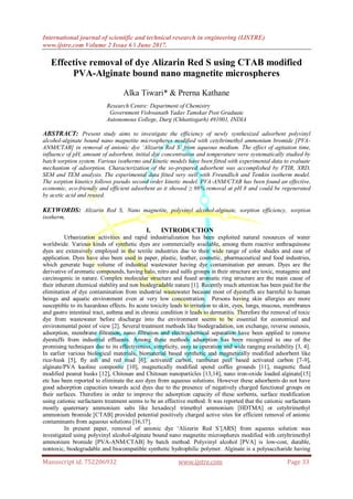 Effective removal of dye Alizarin Red S using CTAB modified PVA ...