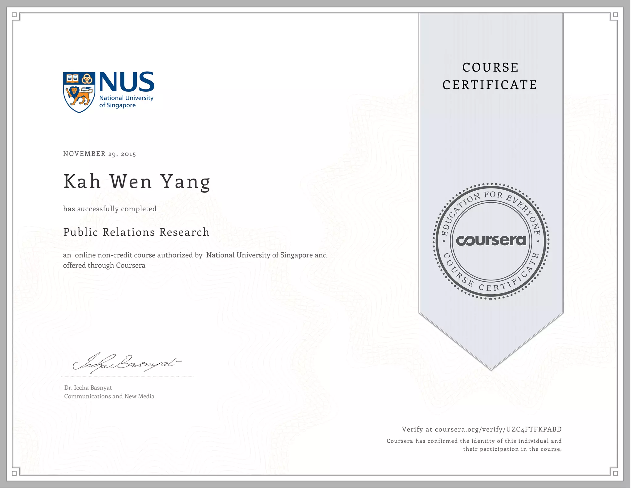 Certificate NUS - PR Research | PPT
