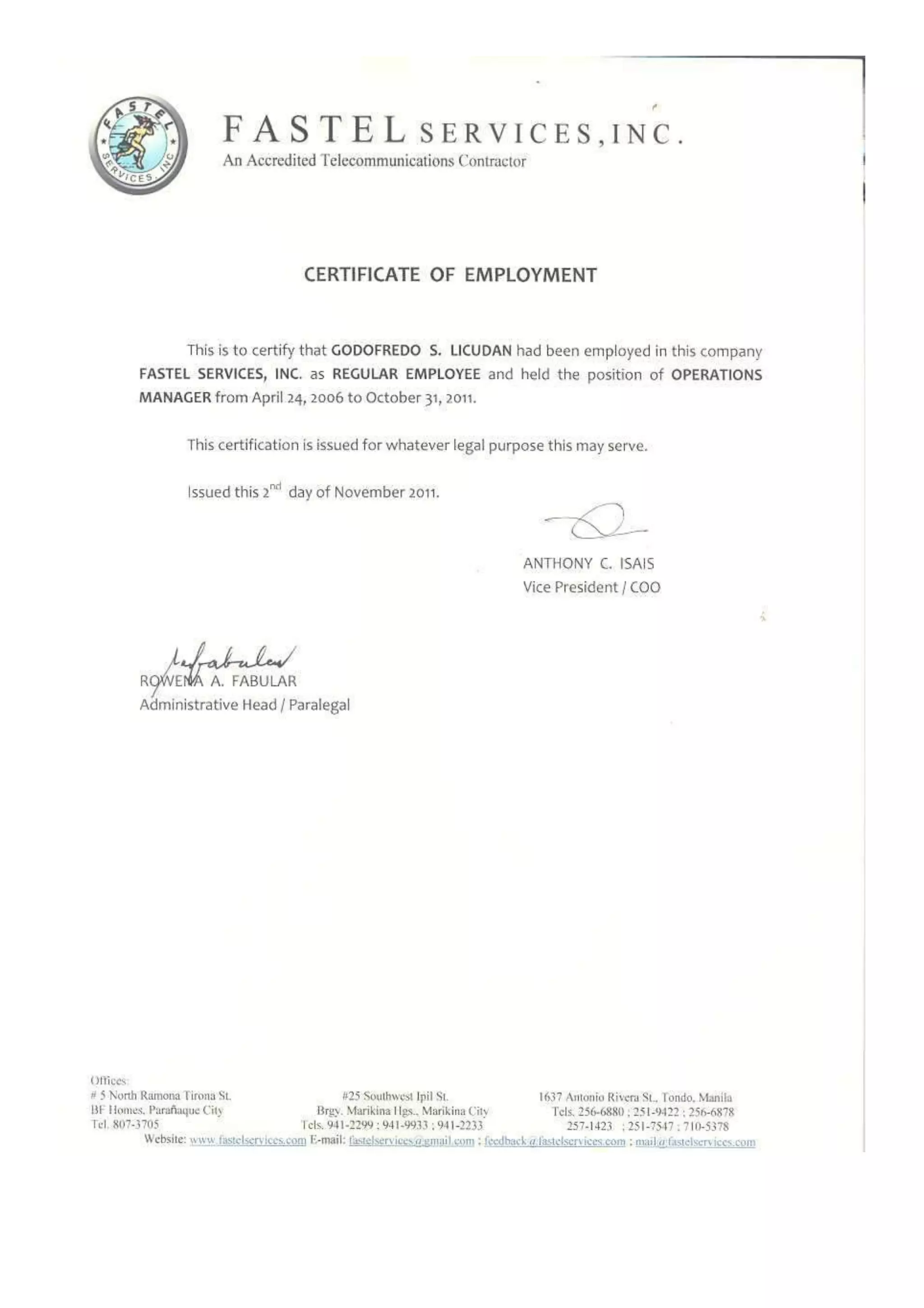 Fastel Certificate | DOCX