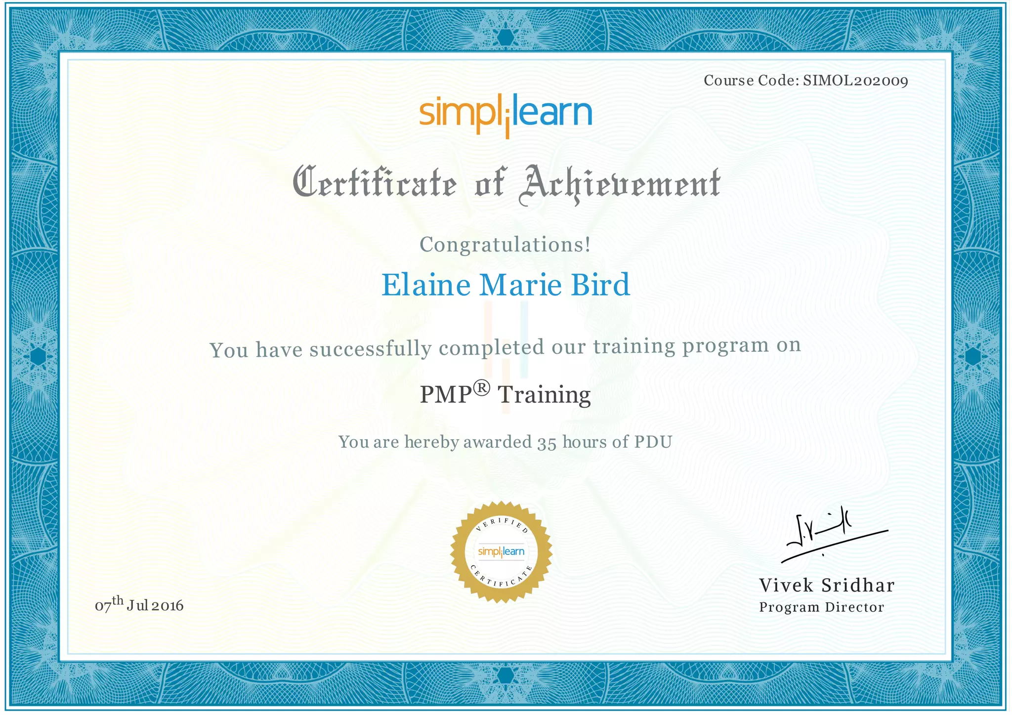 PMP Course Completion Certificate | PDF | Graduation | Personal ...